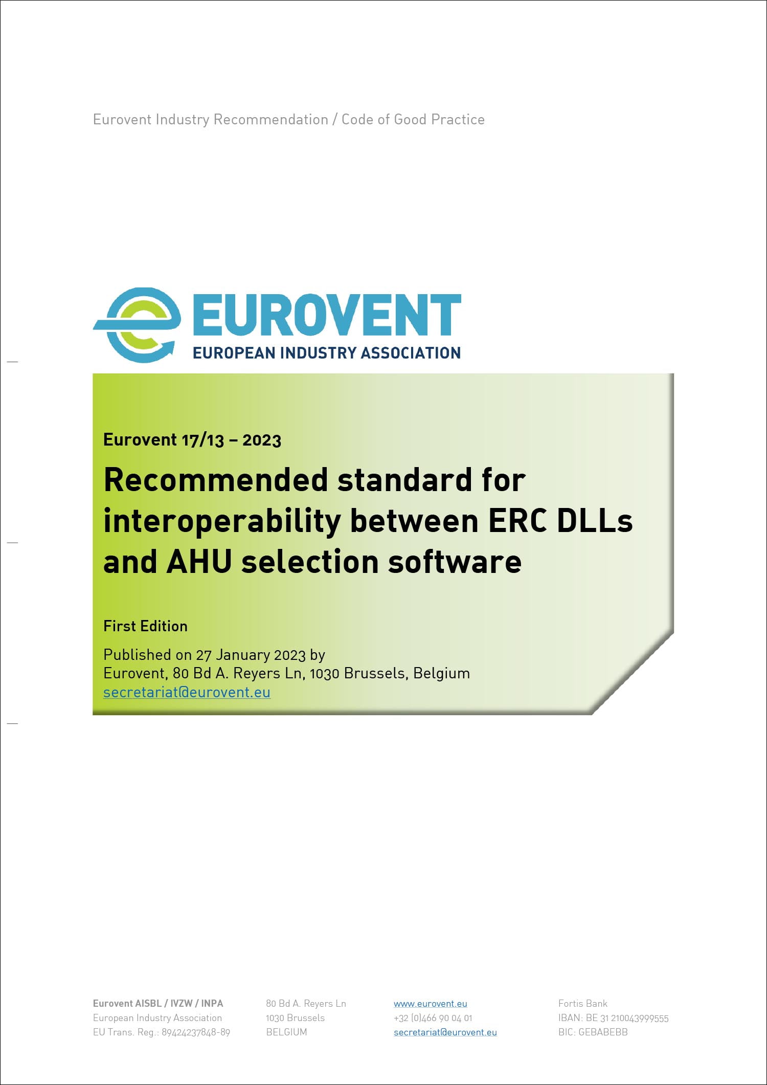 Eurovent 17/13: Recommended standard for interoperability between ERC DLLs and AHU selection ...