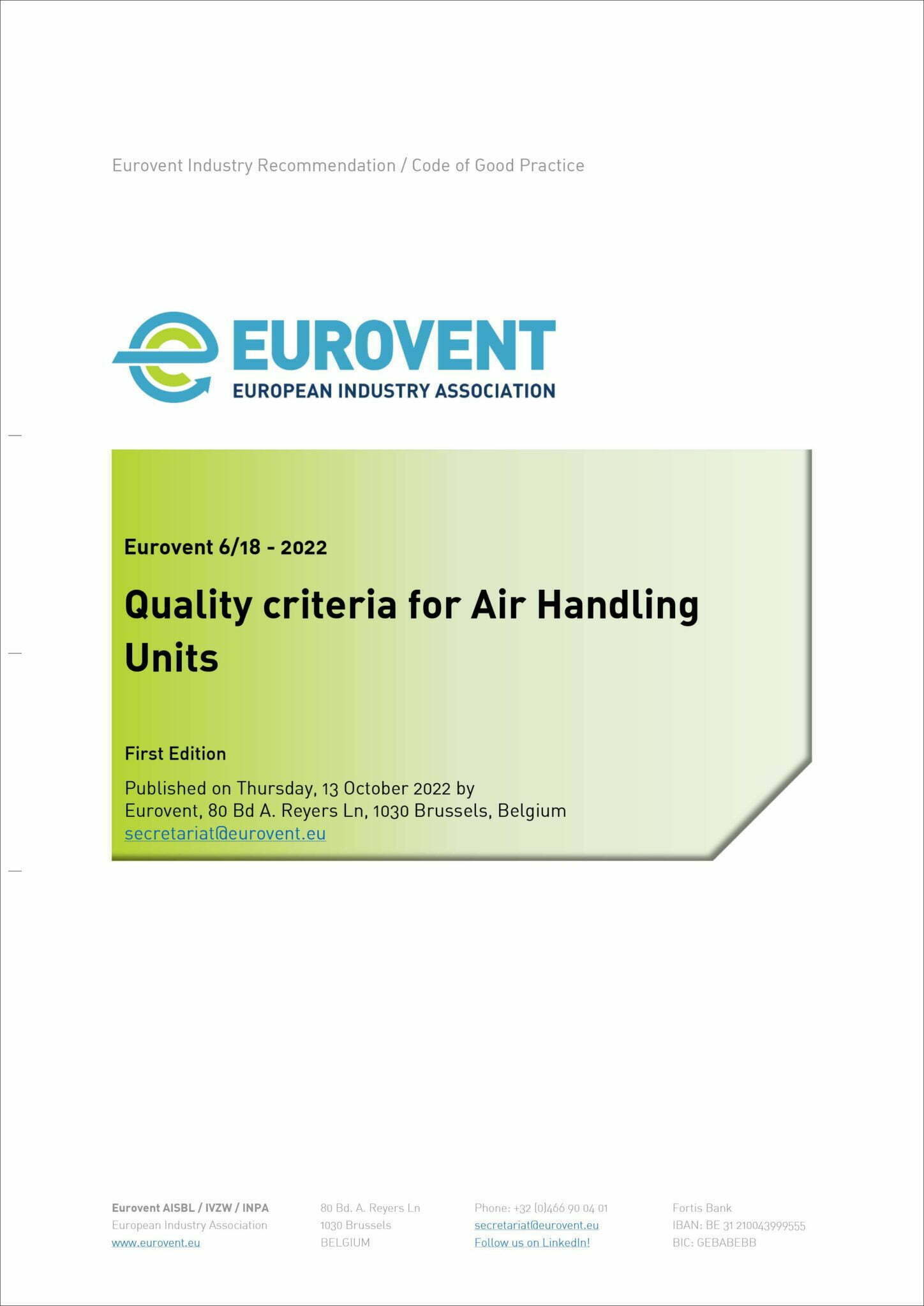 Eurovent 6/18: Quality criteria for Air Handling Units - Eurovent