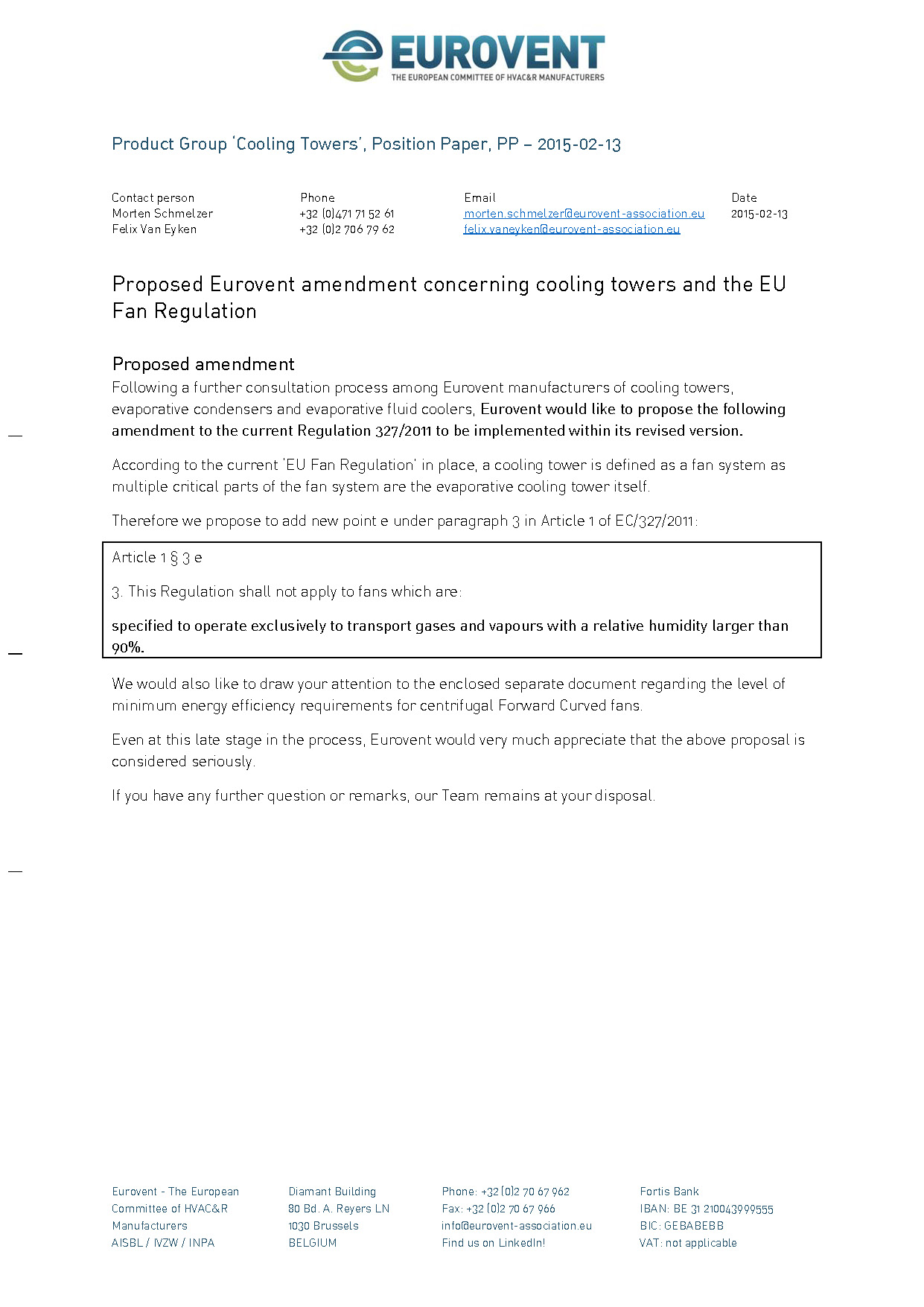 Proposed Eurovent amendment concerning cooling towers and the EU Fan Regulation - Eurovent