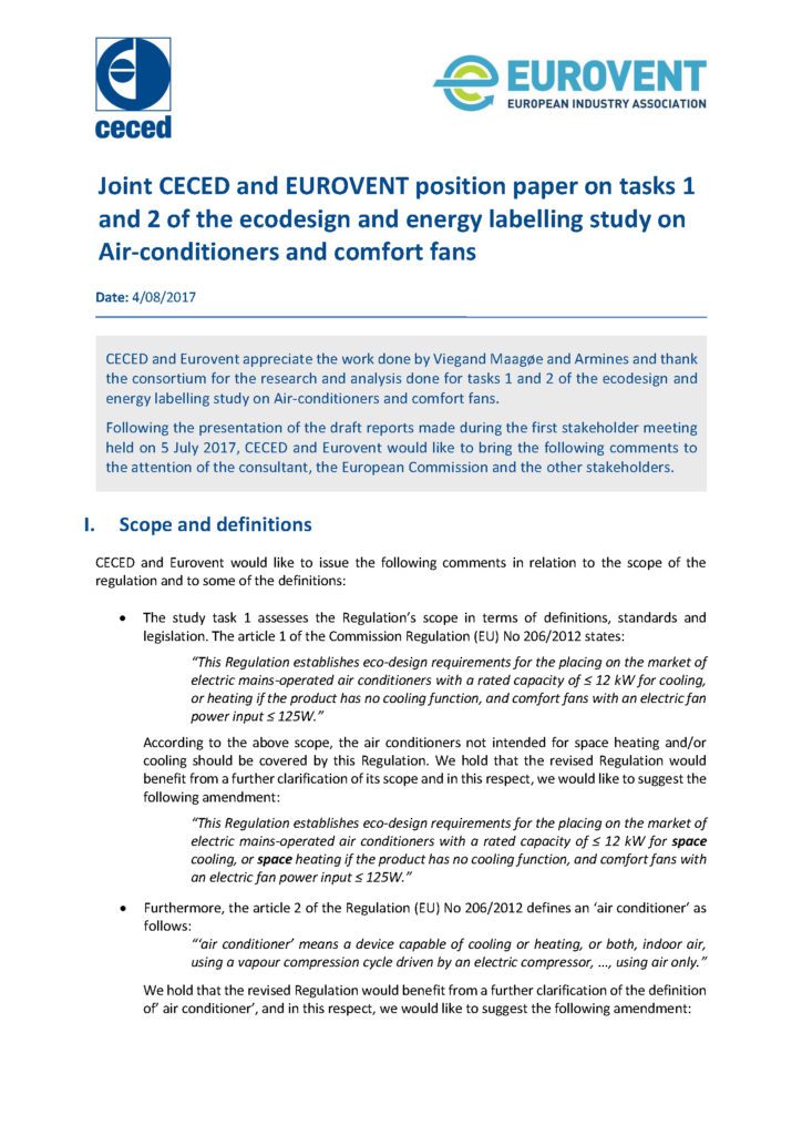 CECED & EUROVENT comments on tasks 1 and 2 of Airco and comfort fans study - Eurovent