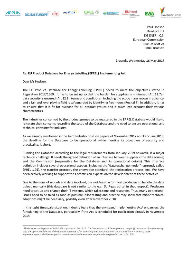Joint Industry on EPREL – Letter to DG ENER on Implementing Act - Eurovent