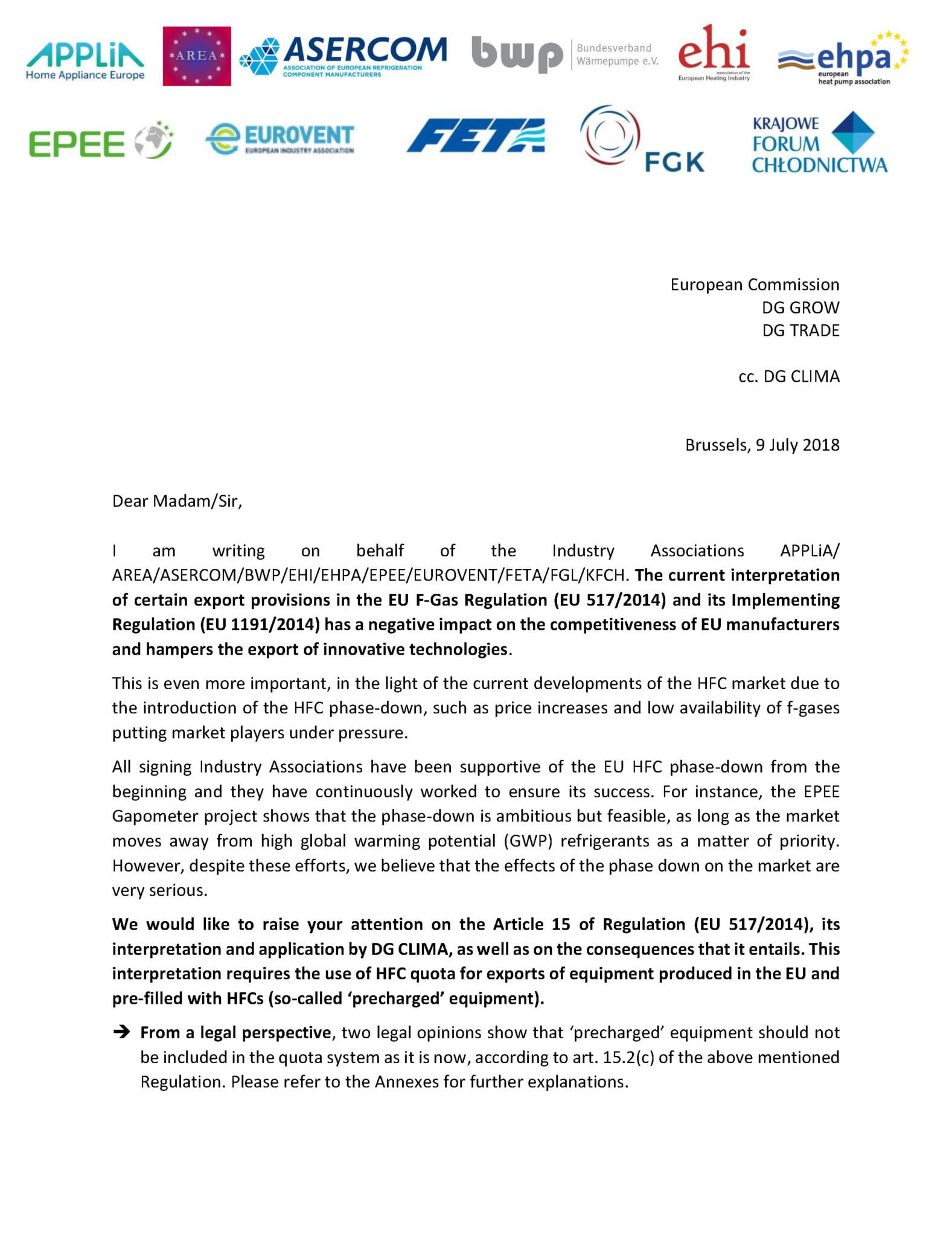 Joint industry letter on pre-charged equipment exports - Eurovent