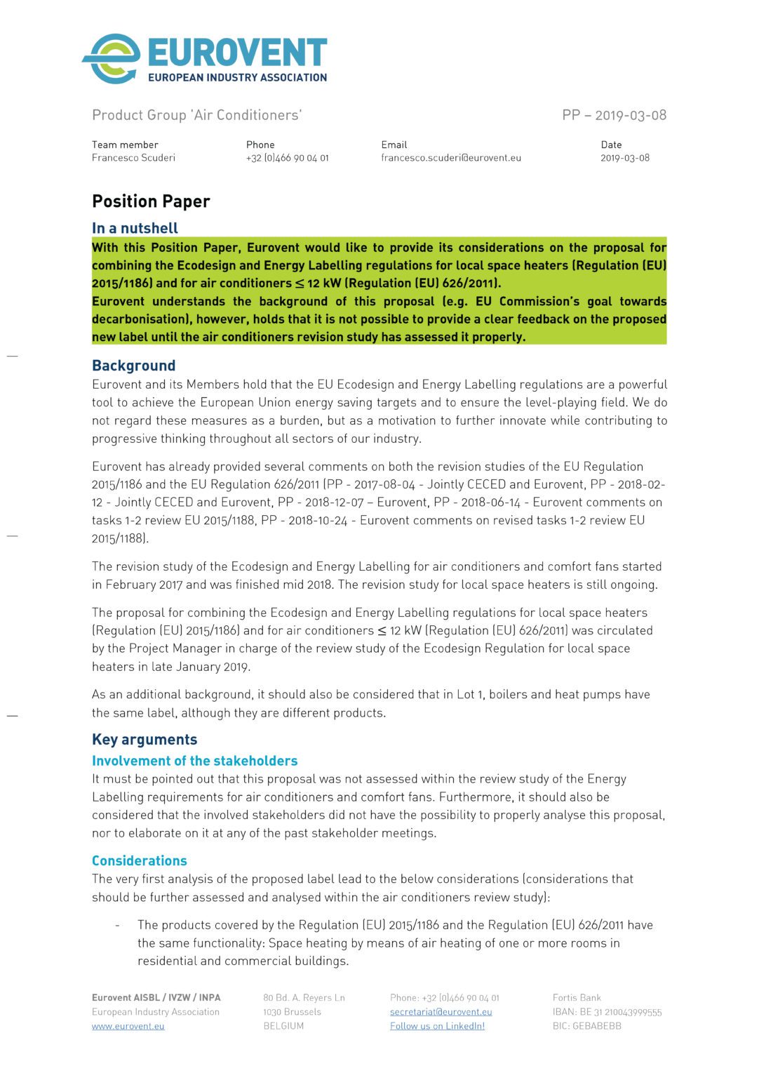 Eurovent Position Paper proposal combination local space heaters and ...