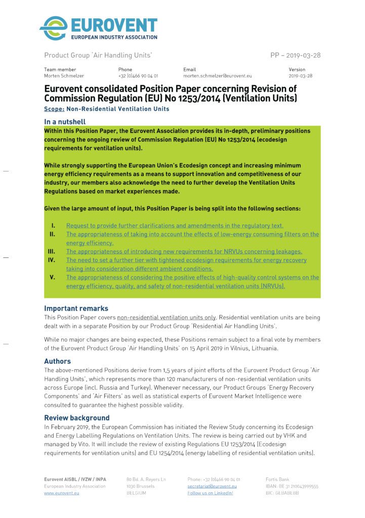 Eurovent Position Paper NRVU – Revision of EU VU Regulation – V1 - Eurovent