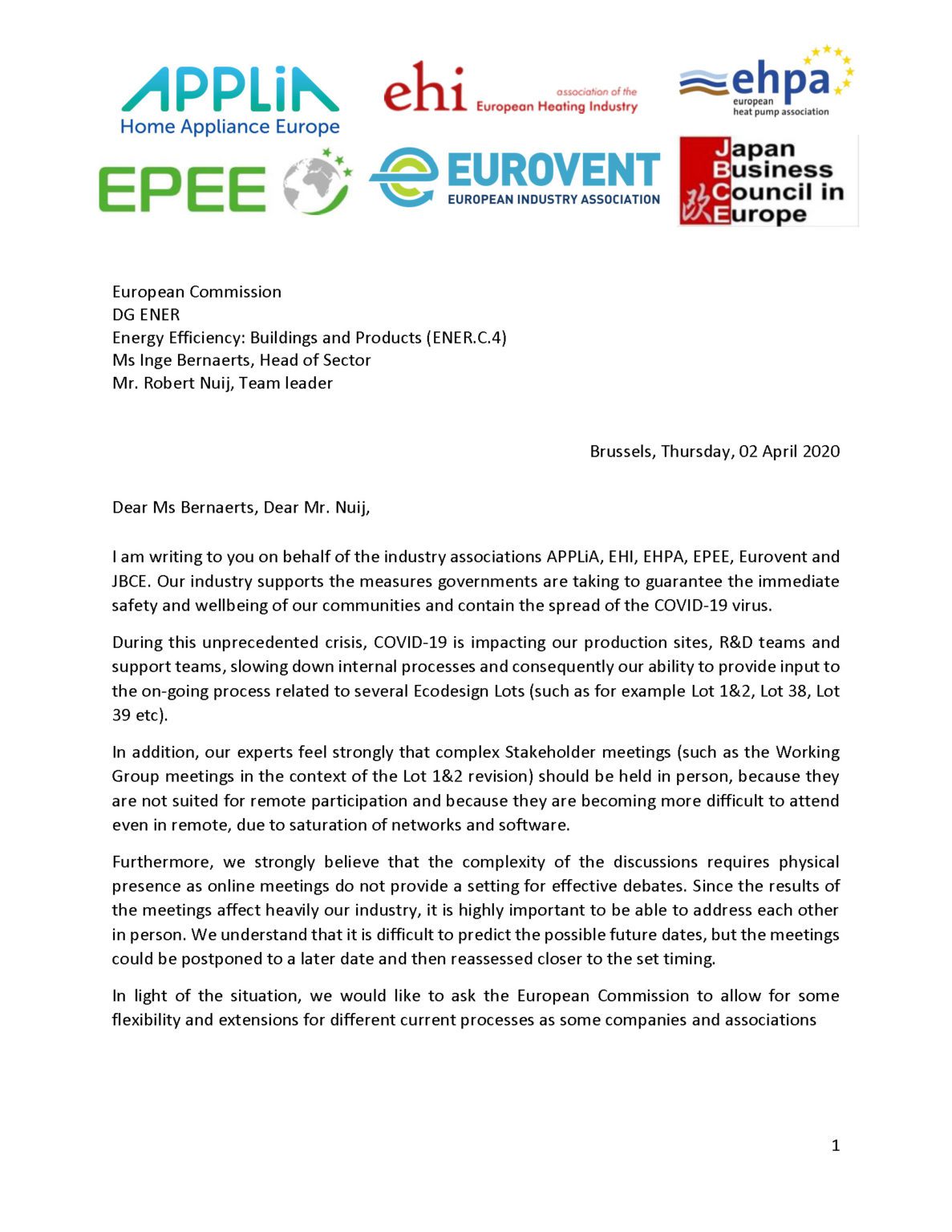 Joint Industry letter to DG ENER - Eurovent