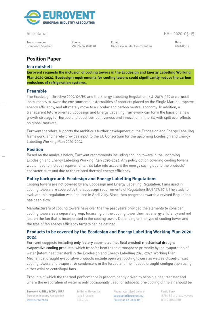 Eurovent Position Paper CT request for inclusion in Ecodesign WP 2020-2024 - Eurovent