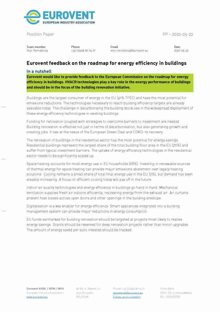 Eurovent feedback on the roadmap for energy efficiency in buildings ...