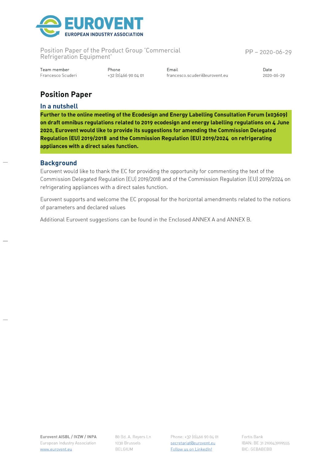 Eurovent Position Paper comments draft omnibus 2019 ED EL Regulations ...