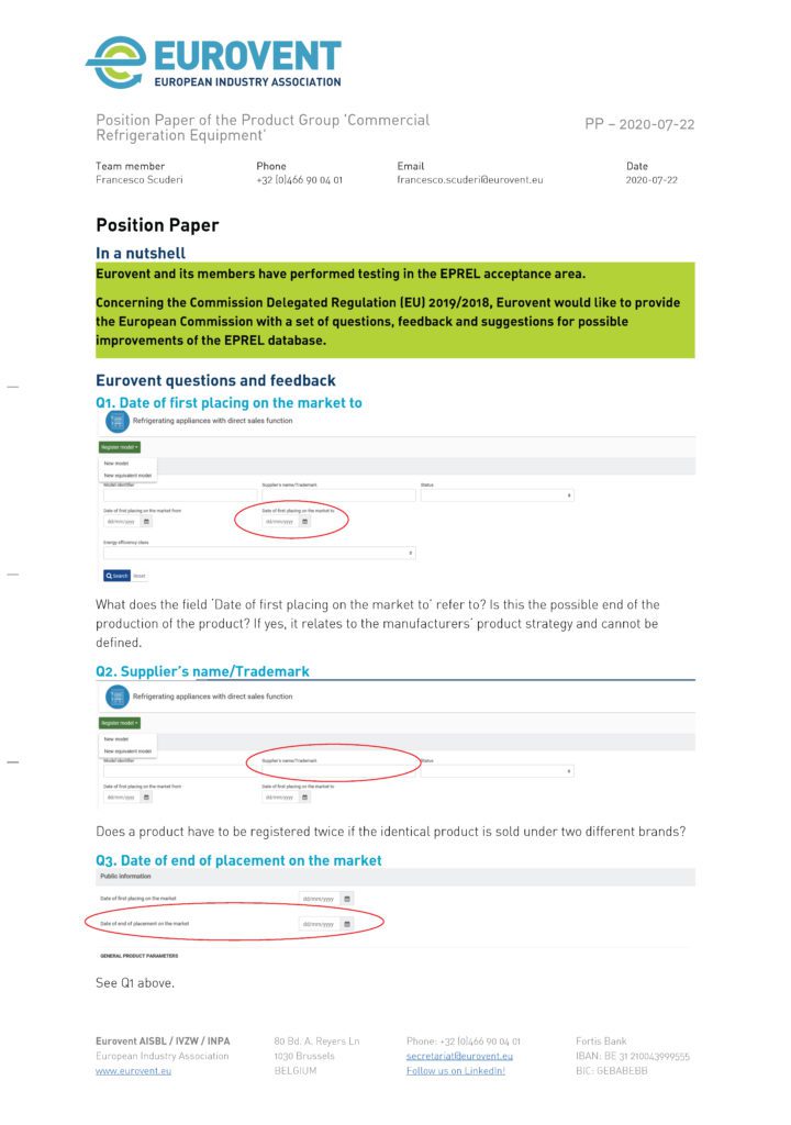 Eurovent feedback EPREL refrigerating appliances direct sales function ...