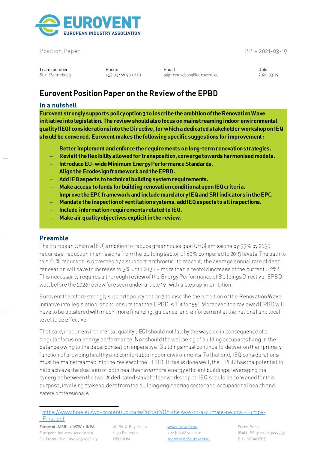 Eurovent Position Paper on the Review of the EPBD - Eurovent