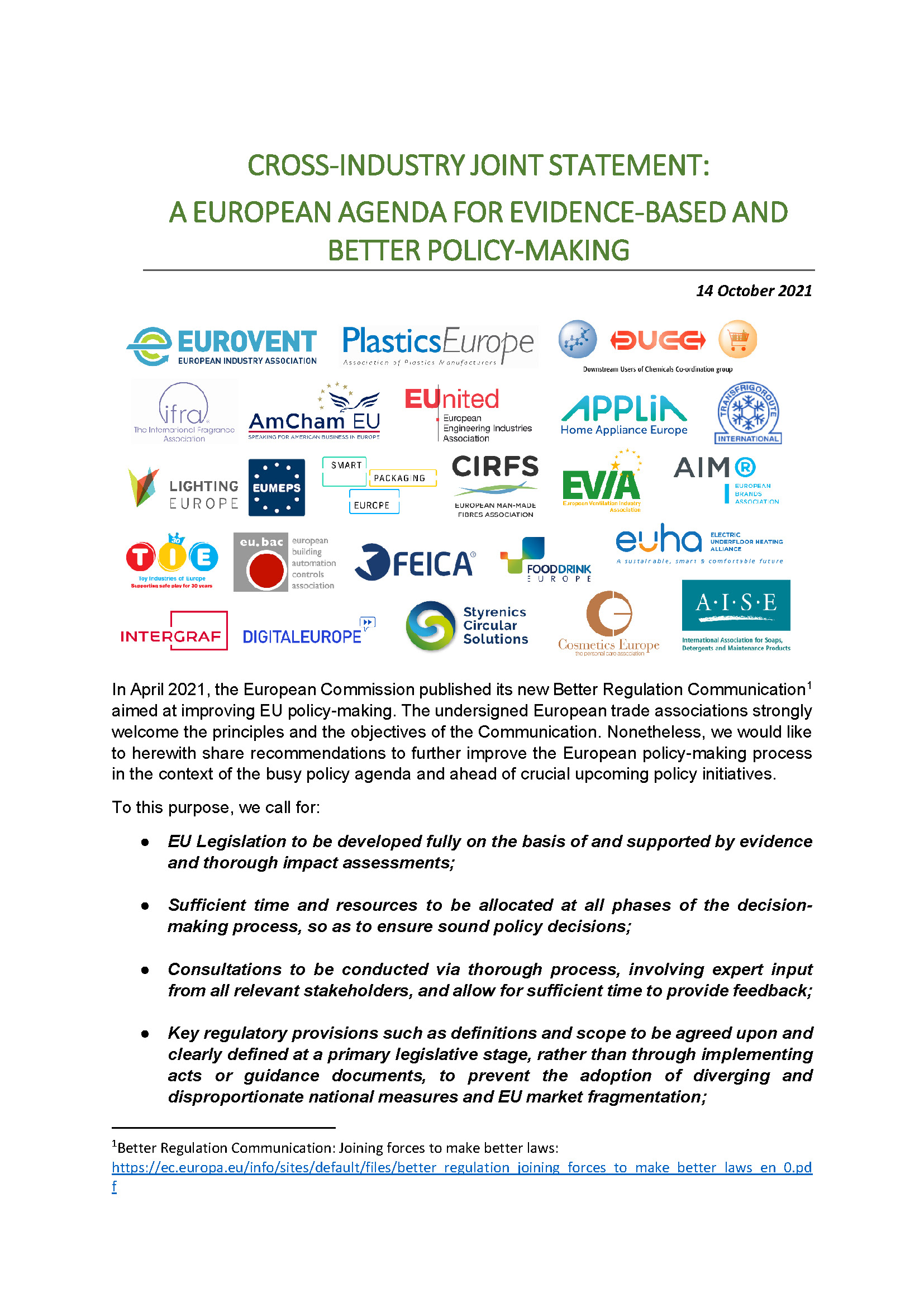 Joint industry statement for evidence based and better policy making ...