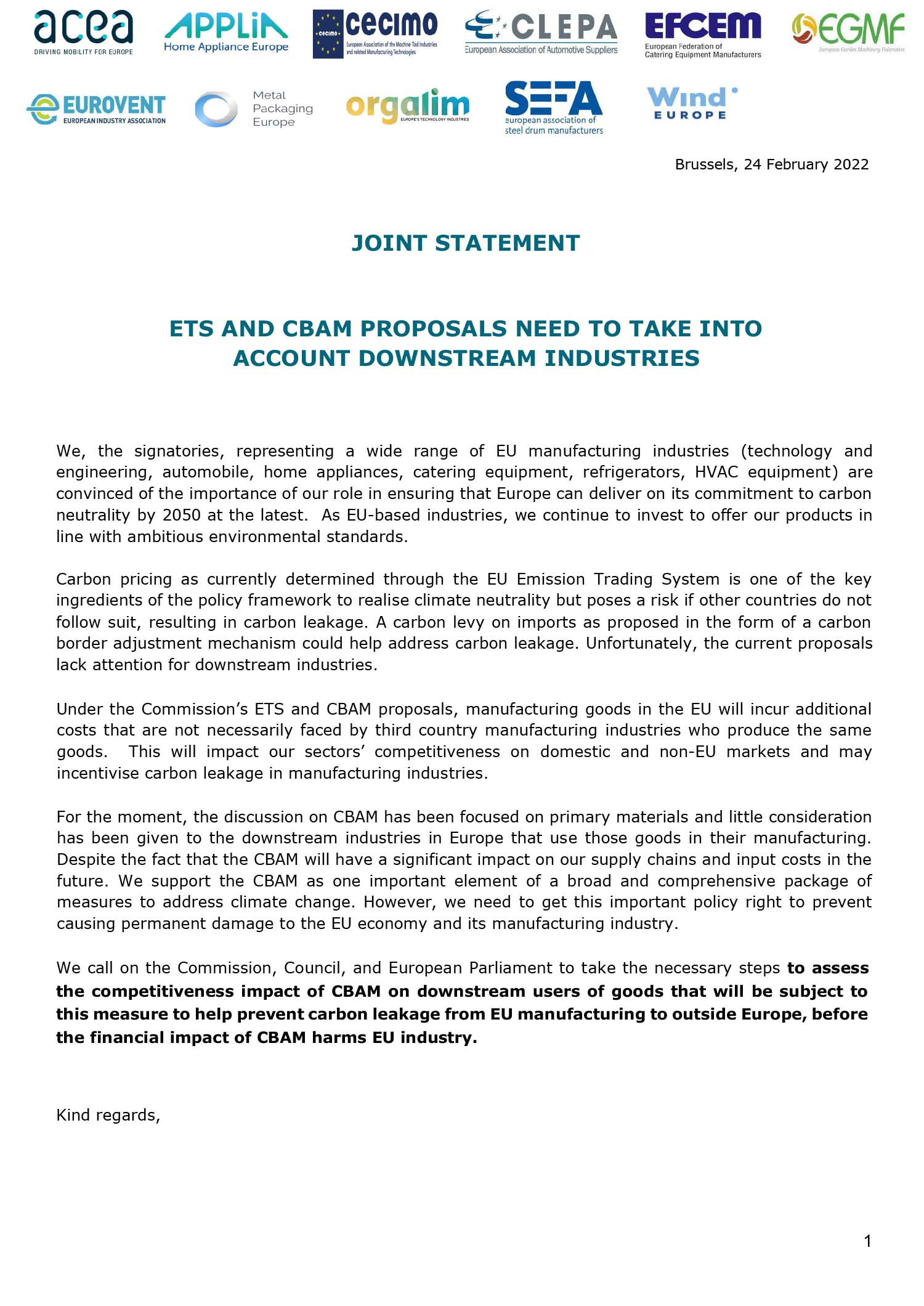 Joint open letter CBAM - Eurovent