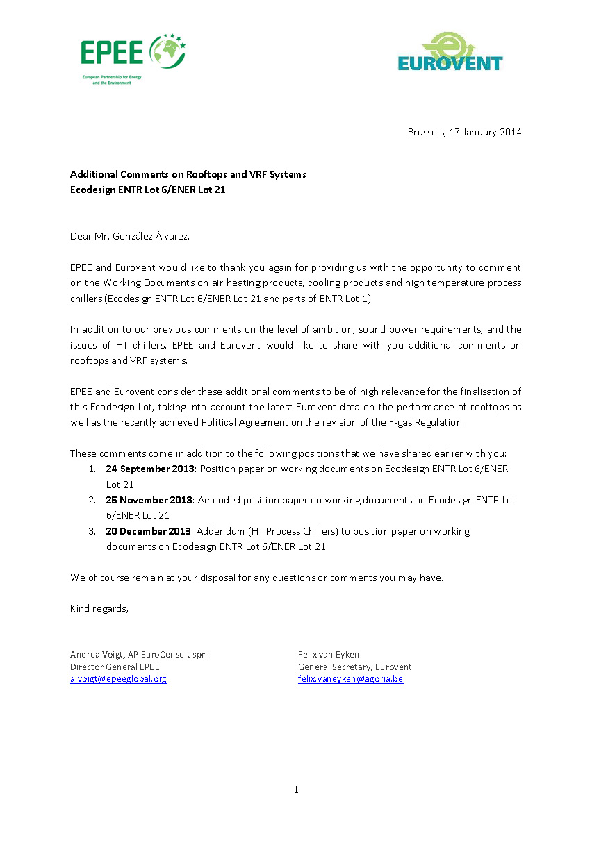 Eurovent-EPEE joint position lot 6-21 – Rooftops and VRF - Eurovent