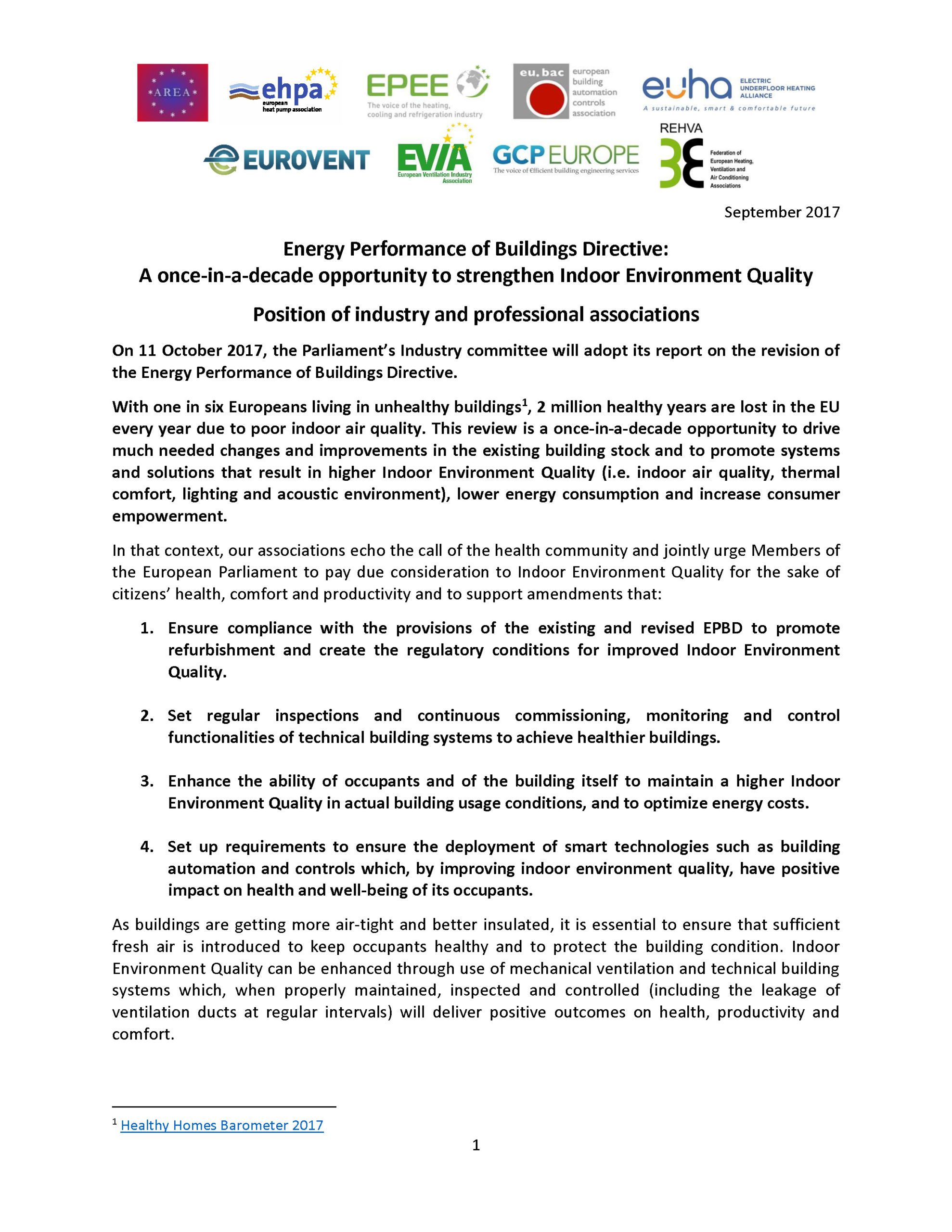 Joint position – Indoor Environment Quality – September 2017 - Eurovent