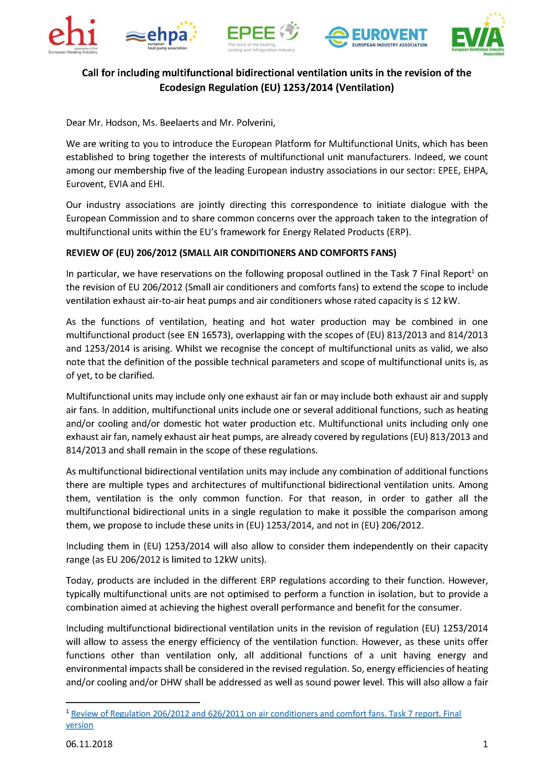 Stakeholder Common Position – ErP Multifunctional Units - Eurovent