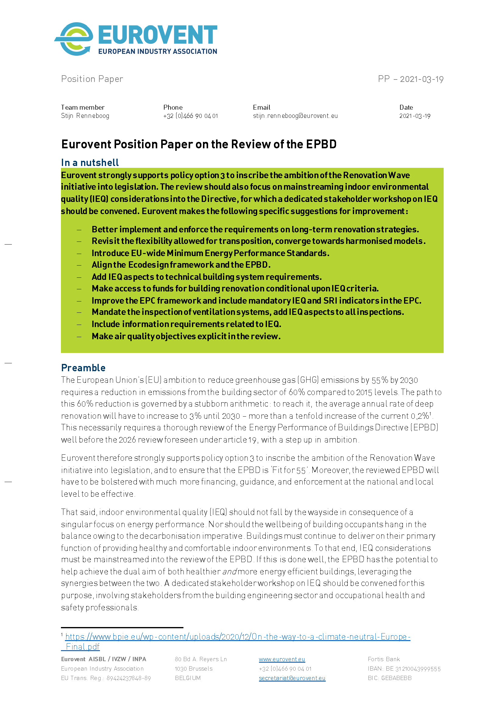 Eurovent Position Paper on the Review of the EPBD - Eurovent