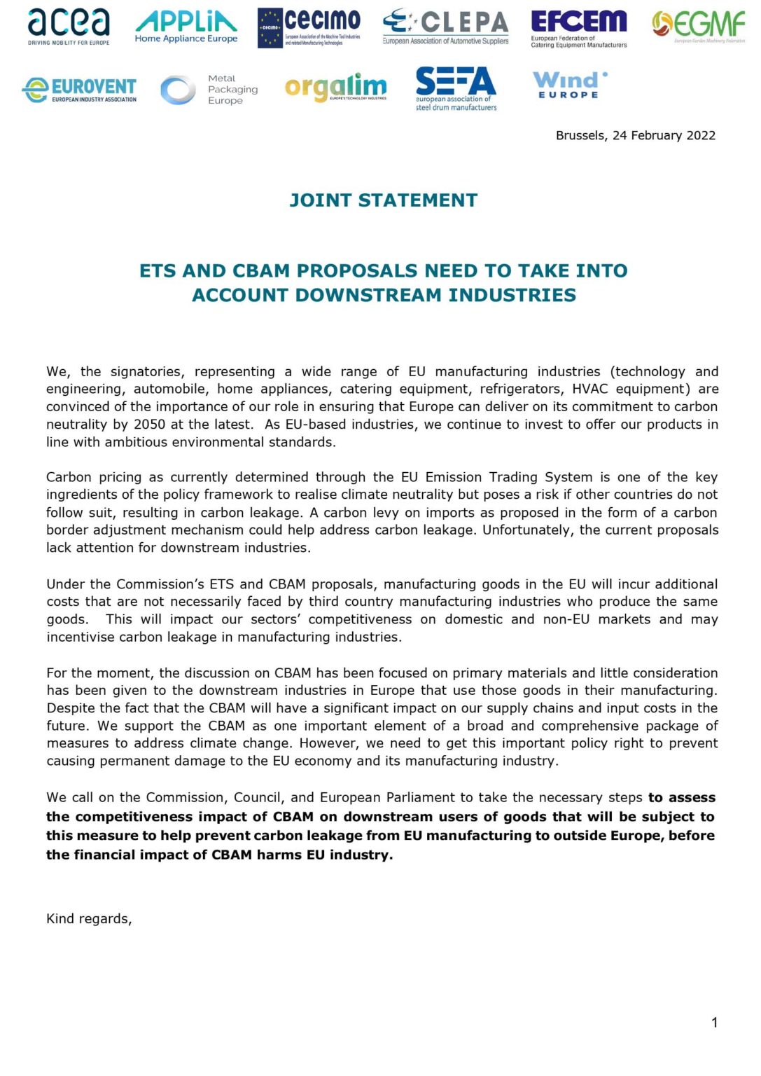Joint open letter CBAM - Eurovent