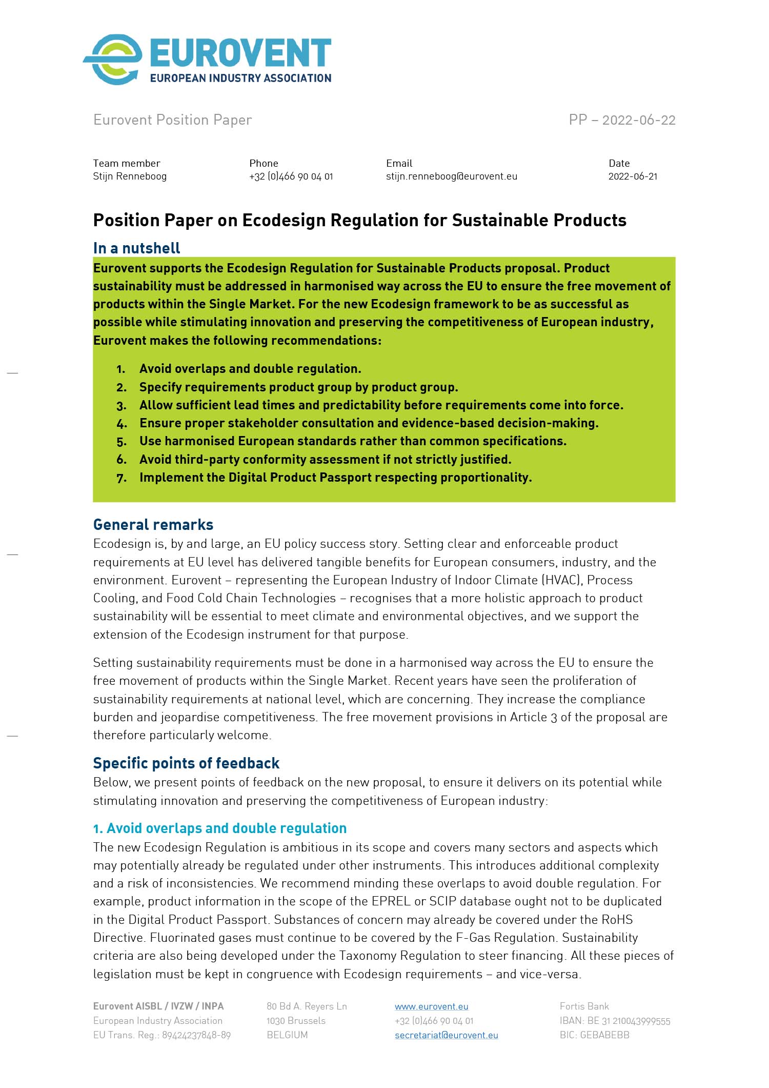 Eurovent Position Paper on the Ecodesign Regulation for Sustainable ...