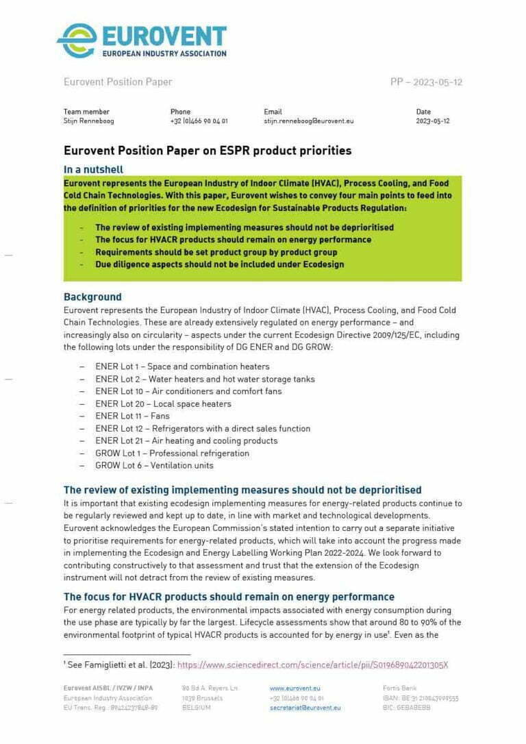 Eurovent Position Paper on ESPR product priorities - Eurovent