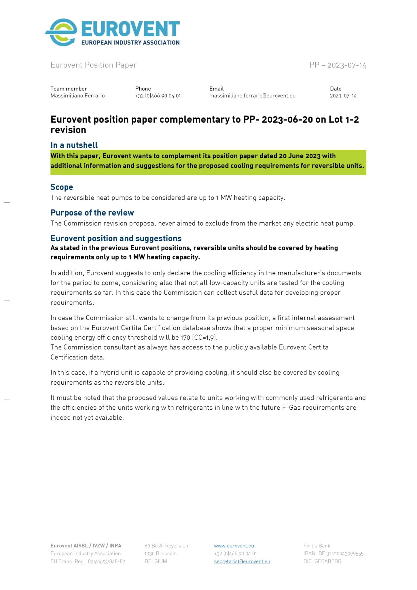 Eurovent complementary position on review Lot1-2 - Eurovent